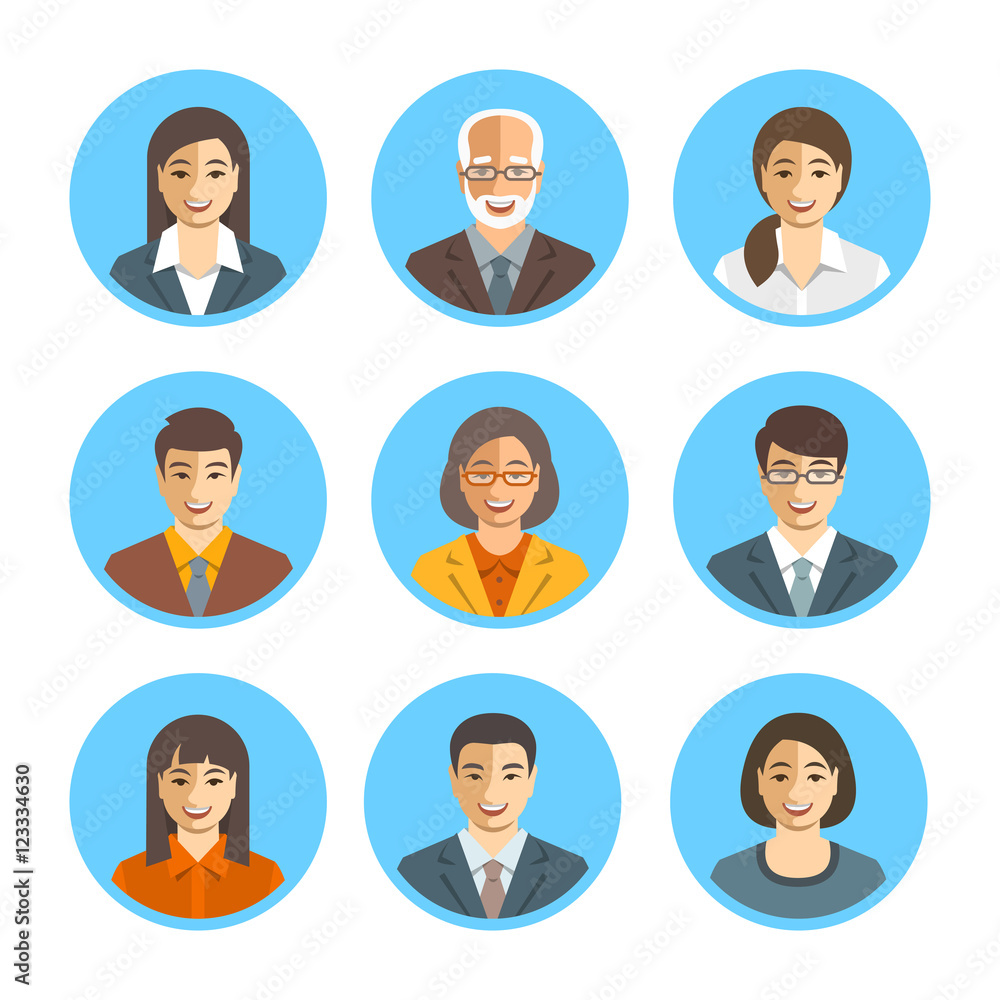 Asian business people flat vector avatars. Business team icons. Men and ...