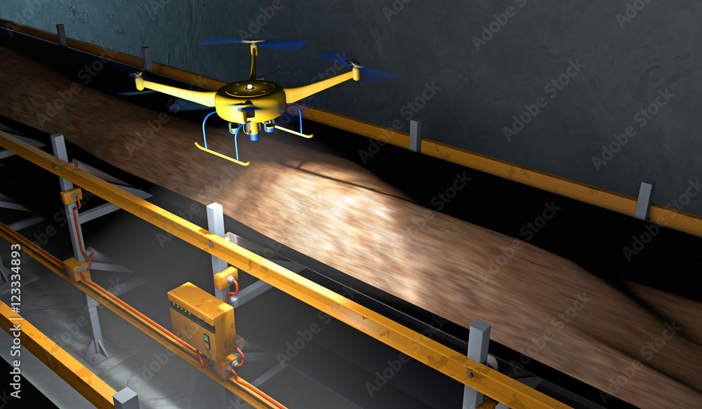 3D illustration of a UAV drone inspecting a conveyor in an underground ...