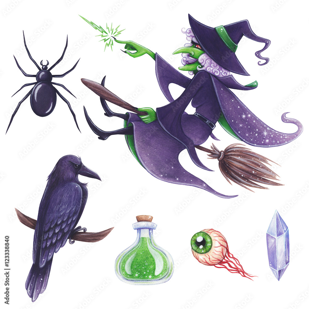 Halloween hand-drawn illustration. Evil Witch magic attributes set ...