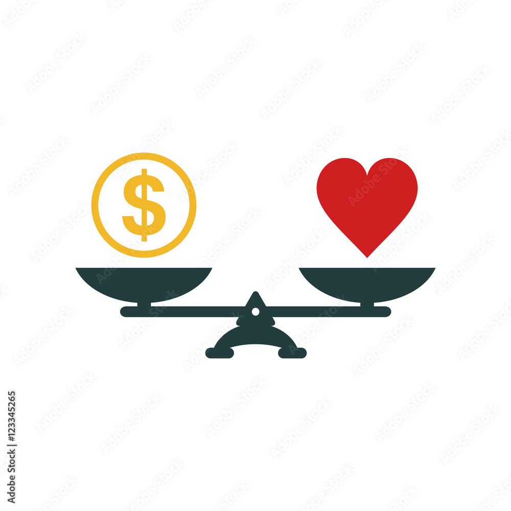 Heart and money scales icon. Money and heart balance on scale. Weights ...