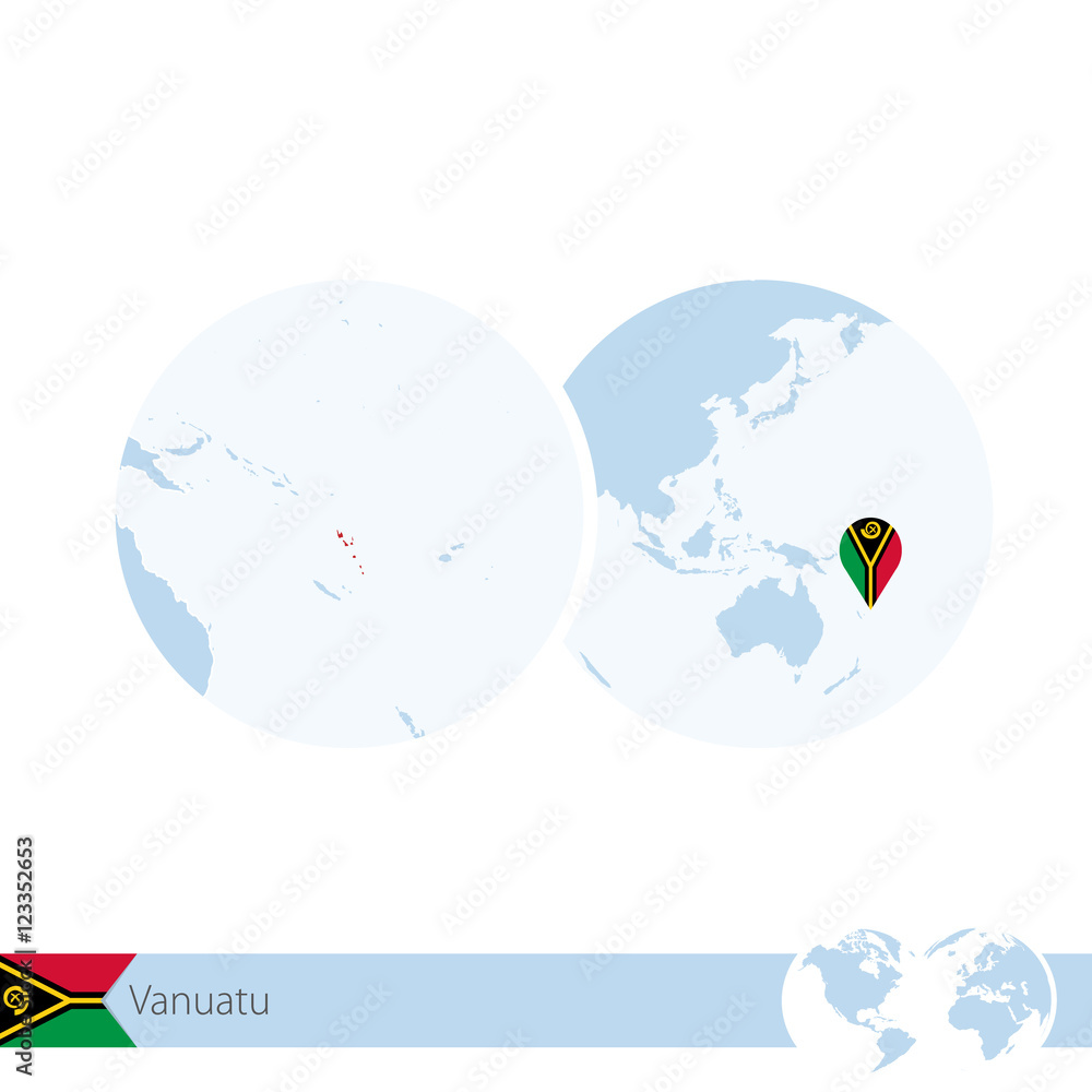 Vanuatu on world globe with flag and regional map of Vanuatu. Stock ...