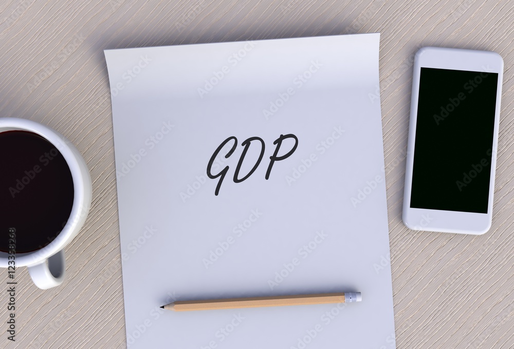 GDP, message on paper, smart phone and coffee on table, 3D rendering ...
