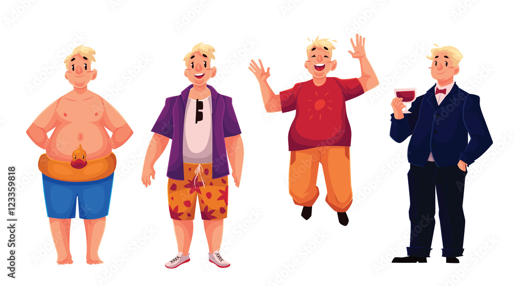 Young, happy fat man in swimming shorts, casual clothing and business ...