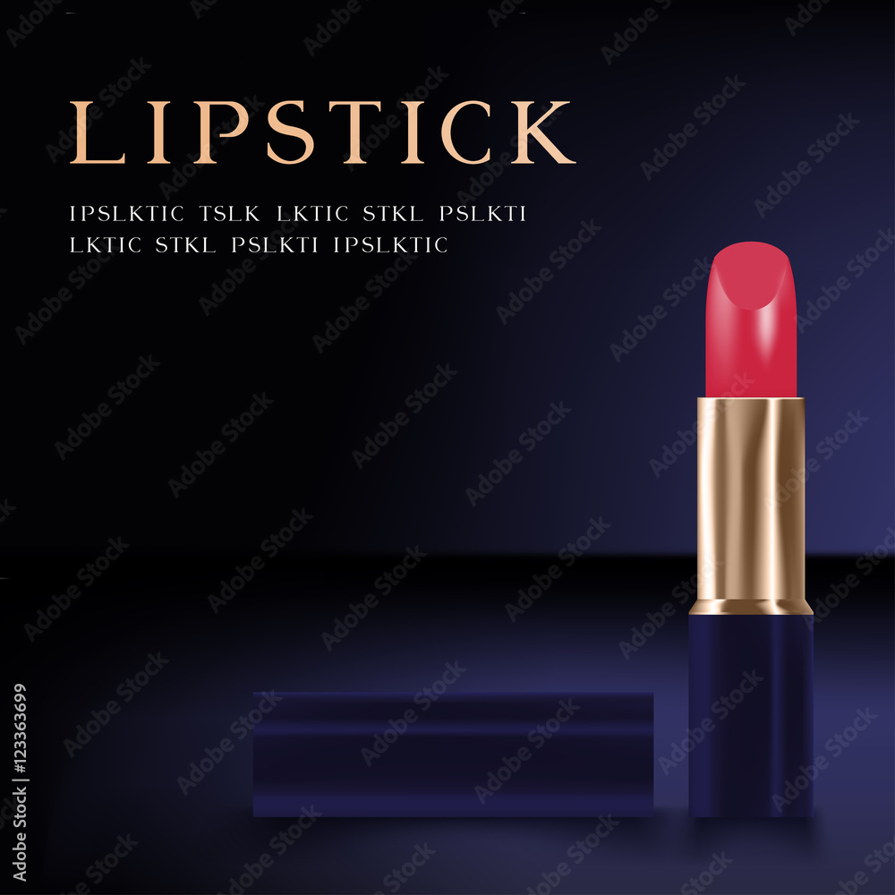 Lipstick pink color and lipstick text isolated on dark blue gradient ...