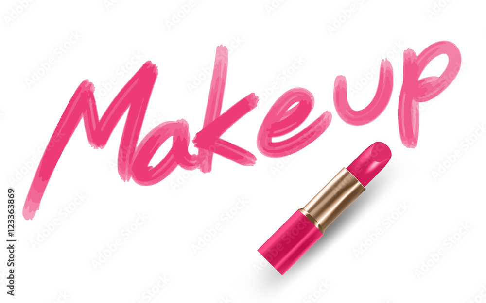 Makeup text writed by Lipstick pink color isolated on white background ...