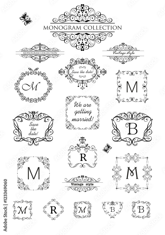 Collection of vintage labels, headers and frames for wedding invitation ...
