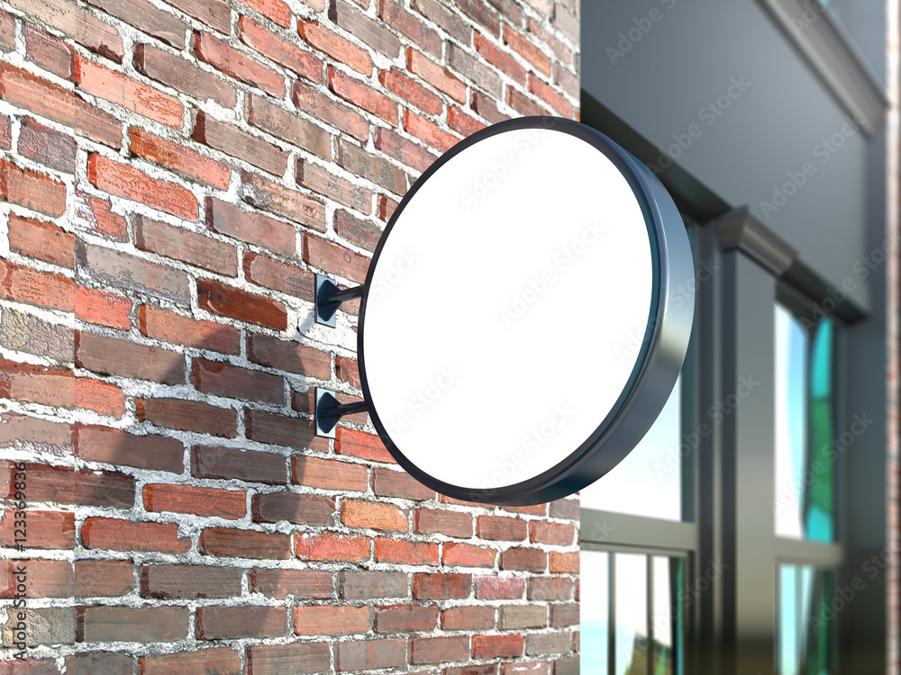 Hanging wall sign mockup, round billboard on the brick wall, stock ...