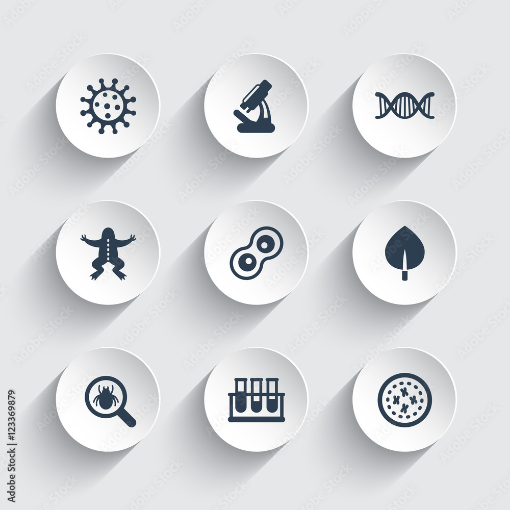 Biology icons set, cell, test-tubes, frog dissection, virus, microbe ...