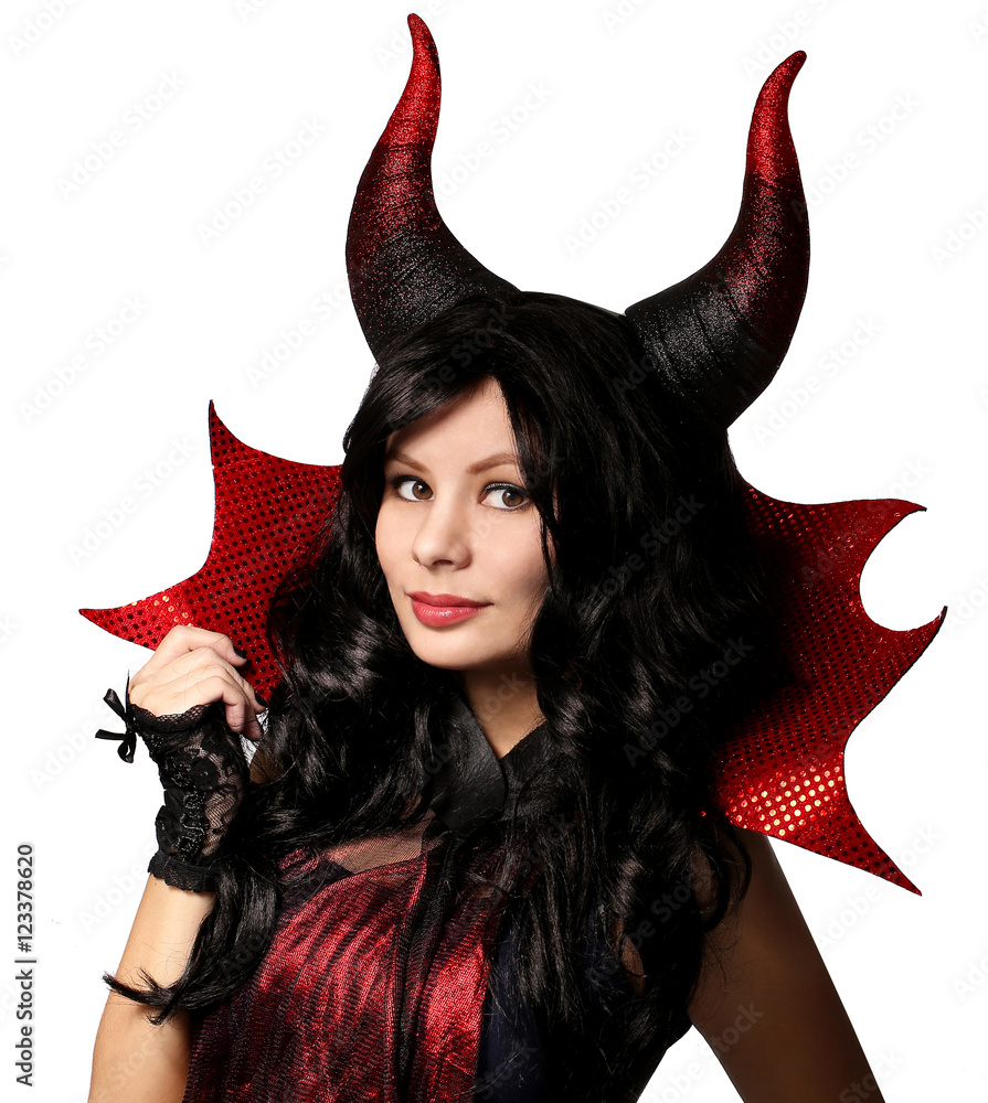 Halloween. Beautiful girl with horns dressed up as devil Stock Photo ...