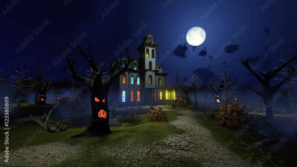 Scary haunted mansion with luminous windows among fantastic creepy ...