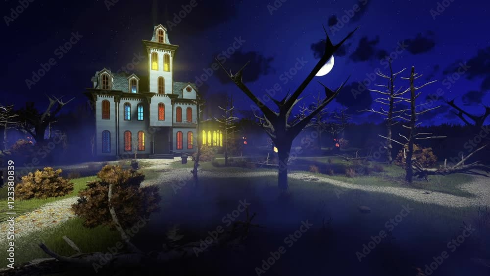 Scary haunted mansion with luminous windows among fantastic creepy ...