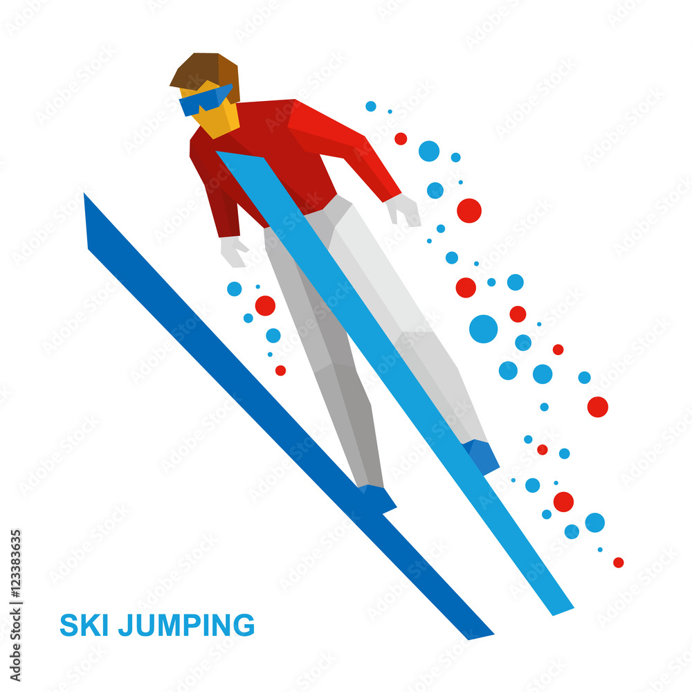 Winter sports - ski jumping. Cartoon skier in red and white during a ...