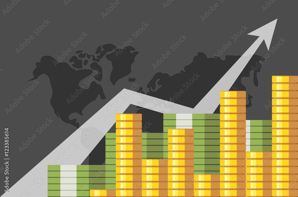 Pile of cash with rising graph with upward arrow vector illustration ...
