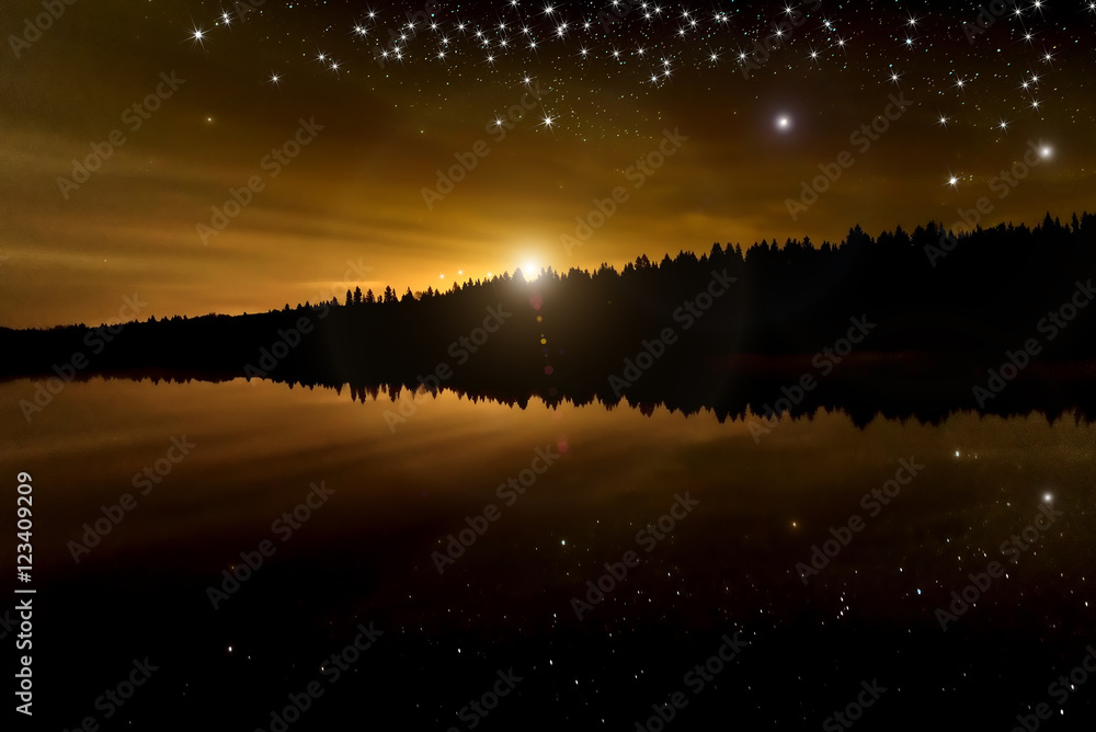 star lake sky forest reflection Stock Photo | Adobe Stock