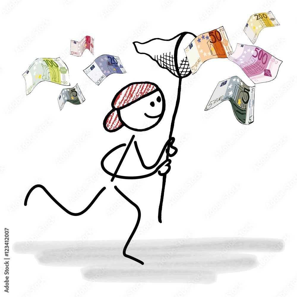 Strichmännchen fängt mit Kescher Geld ein - Euro Scheine Geld verdienen ...