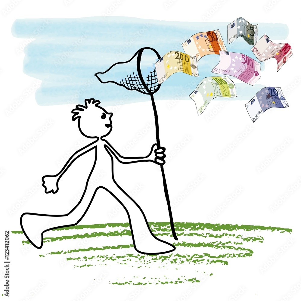 Strichmännchen fängt mit Kescher Geld ein - Euro Scheine Geld verdienen ...
