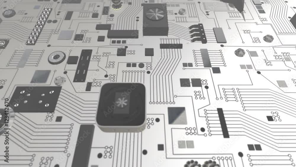 Seamless looping 3D animation of a white futuristic circuit board with ...