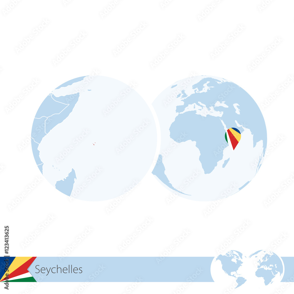 Seychelles on world globe with flag and regional map of Seychelles ...