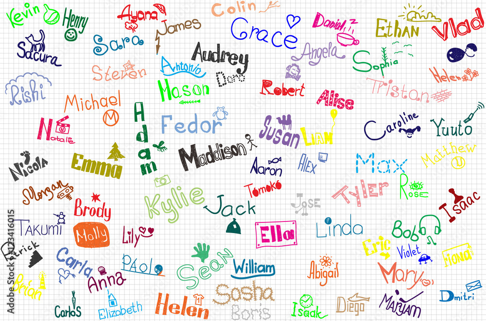 Names of the children with small drawings on the blackboard Stock Photo ...