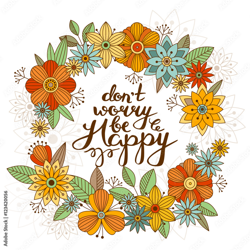 Flower round frame card design with hand lettering - handmade ...