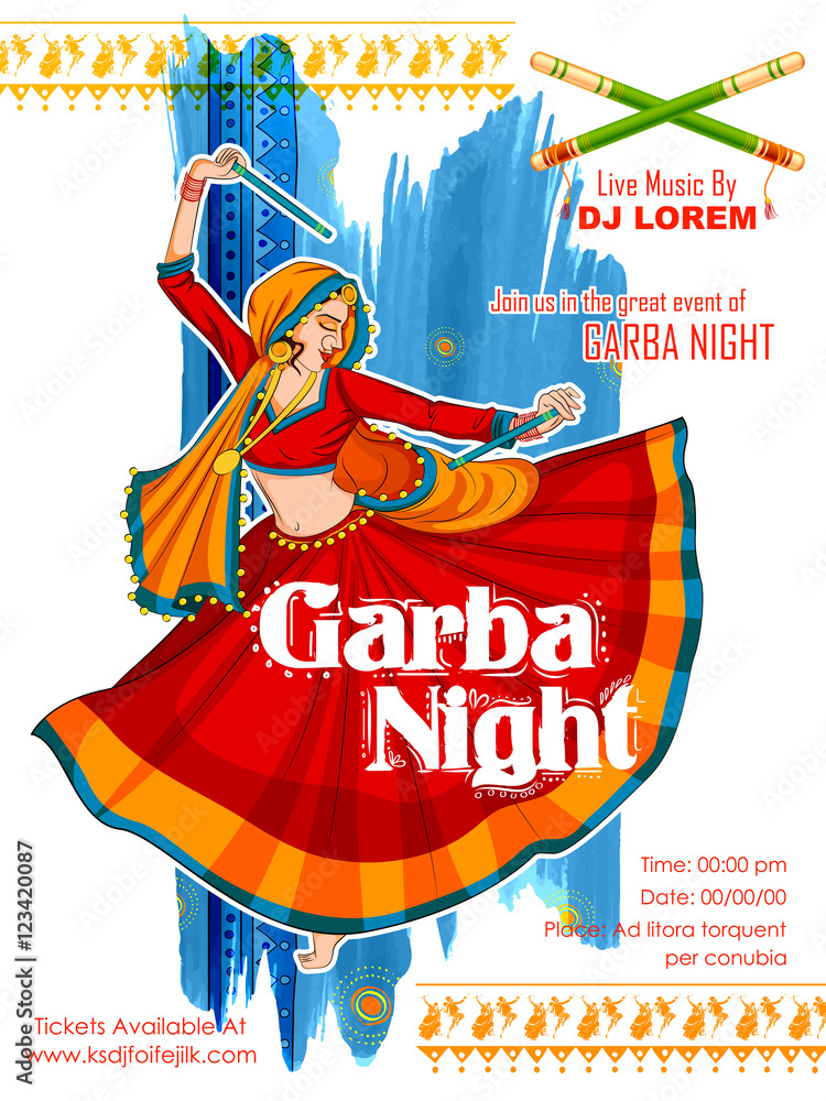 Woman playing Dandiya in disco Garba Night poster for Navratri Dussehra ...