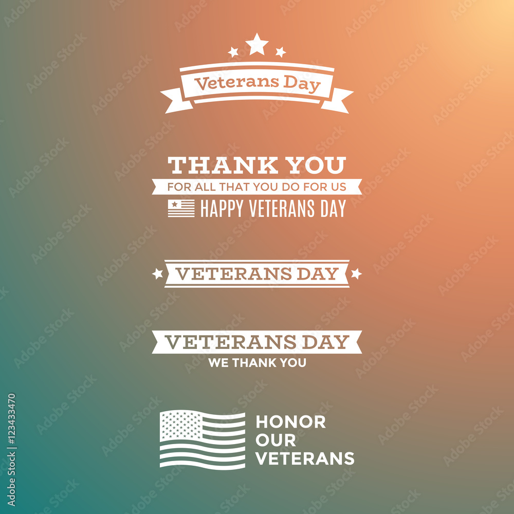 Collection of various Veterans Day labels, emblems, symbols, icons and ...