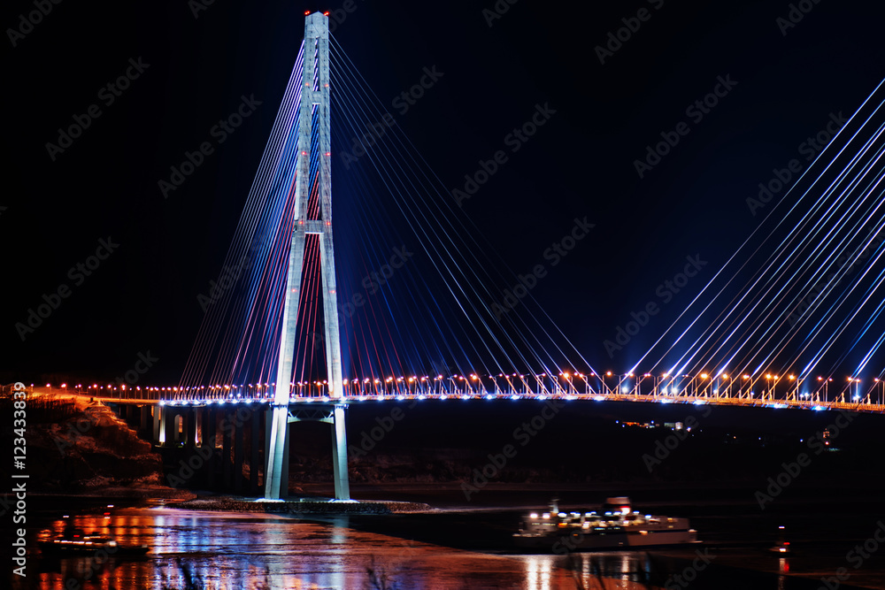night view of the longest cable-stayed bridge in the world in the ...