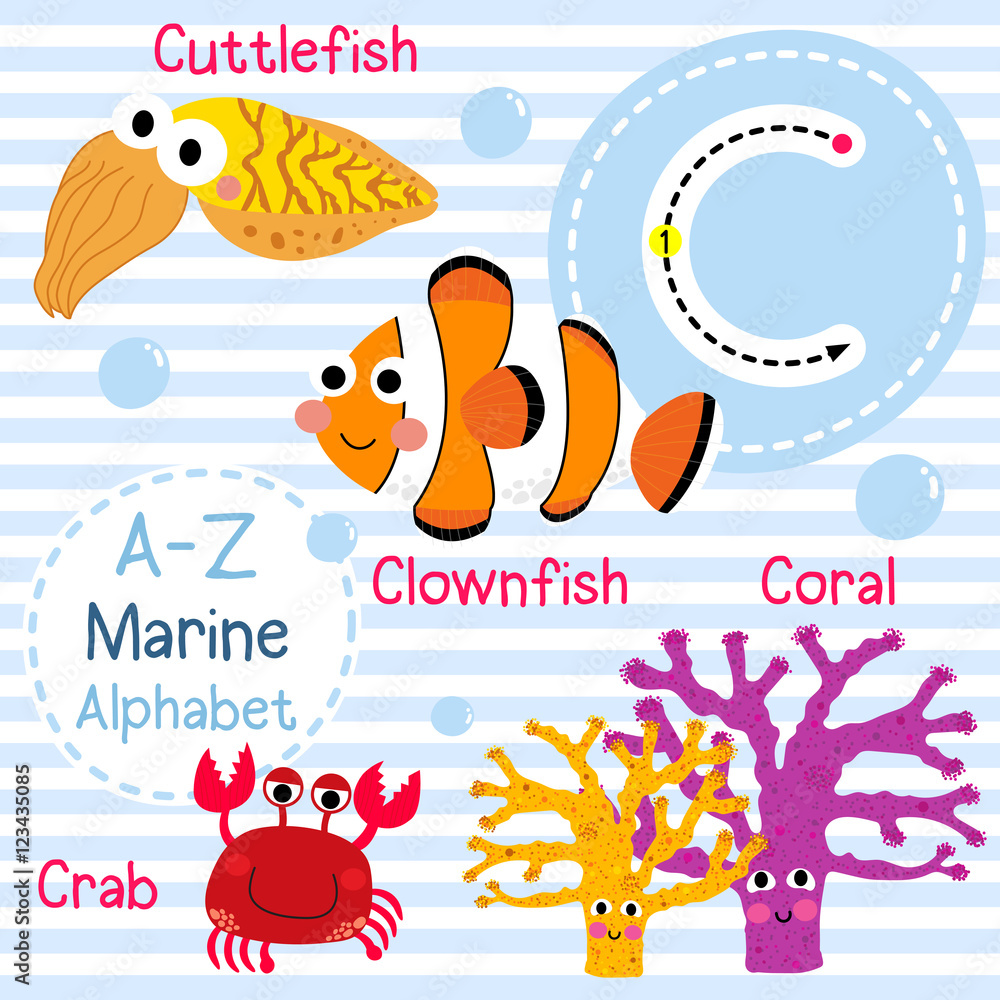 C letter tracing. Crab. Coral. Clownfish. Cuttlefish. Cute children sea ...