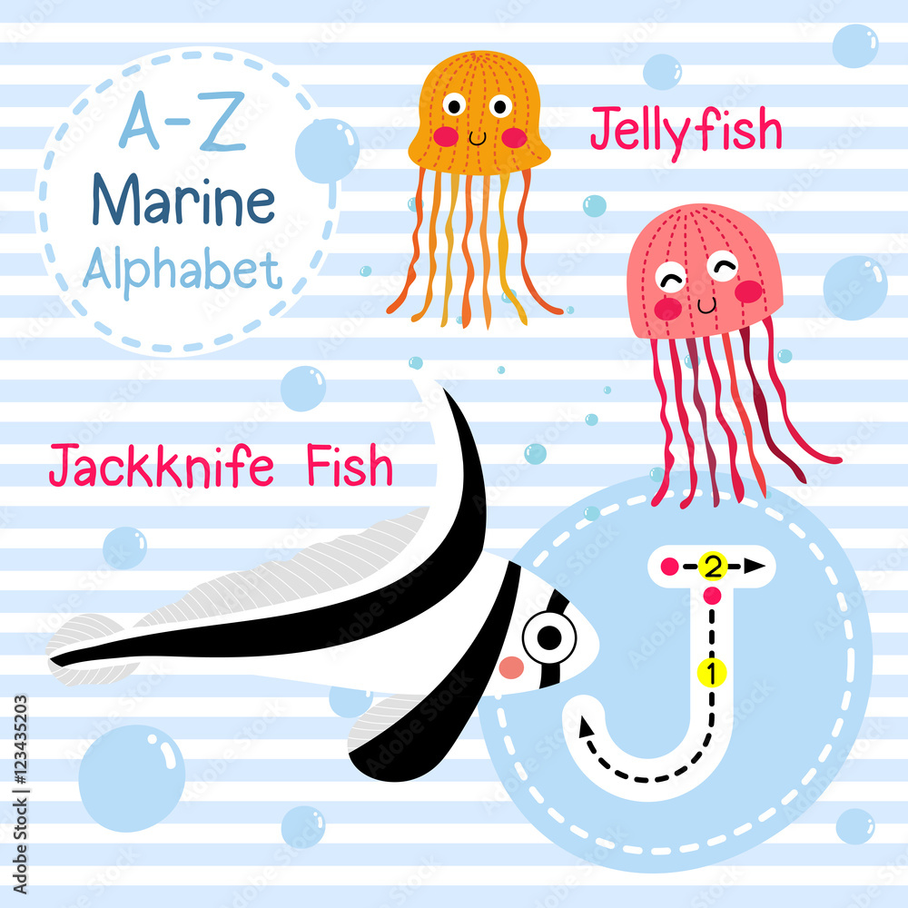 J letter tracing. Jellyfish. Jackknife Fish. Cute children sea marine ...