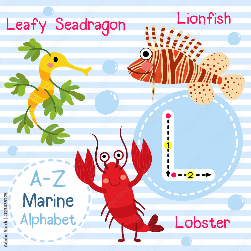 L letter tracing. Lobster. Lionfish. Leafy Seadragon. Cute children sea ...