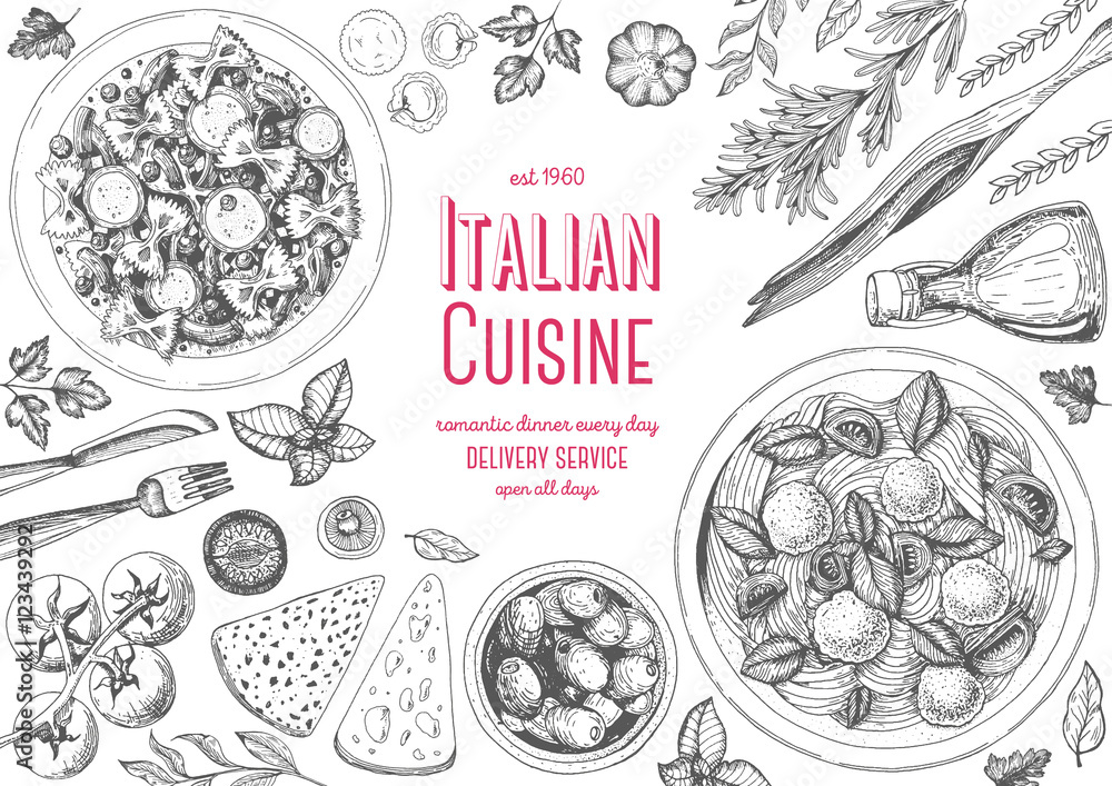 Italian cuisine top view frame. Italian food menu design. Vintage hand ...
