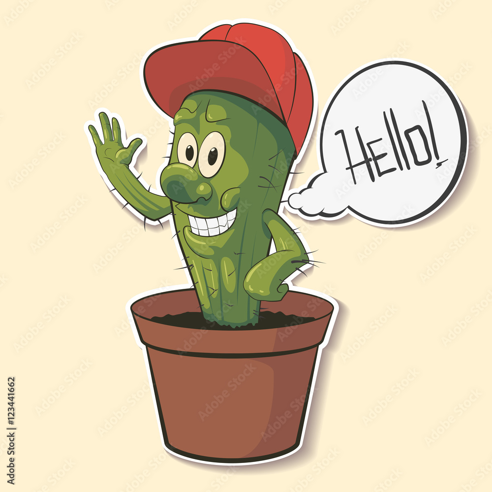 Funny Cactus Character in the pot and wearing the red Cap with Speech ...