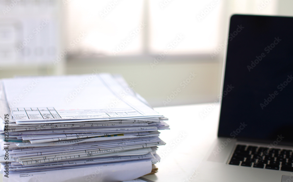 office desk a stack of computer paper reports work forms Stock Photo ...