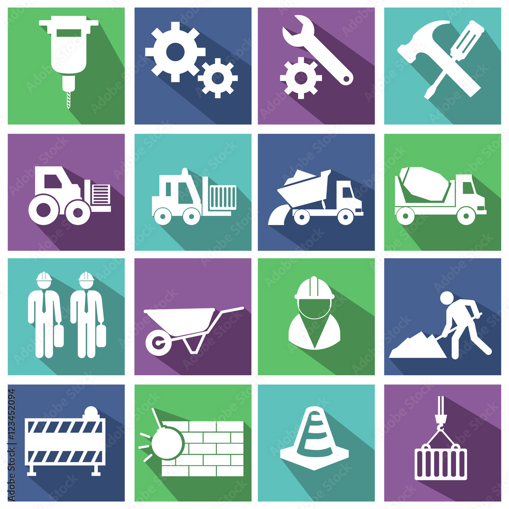 Vector flat construction icon set on colorful background Stock Vector ...