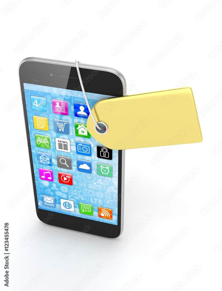 Smart phone with golden price tag on white background. Identification ...
