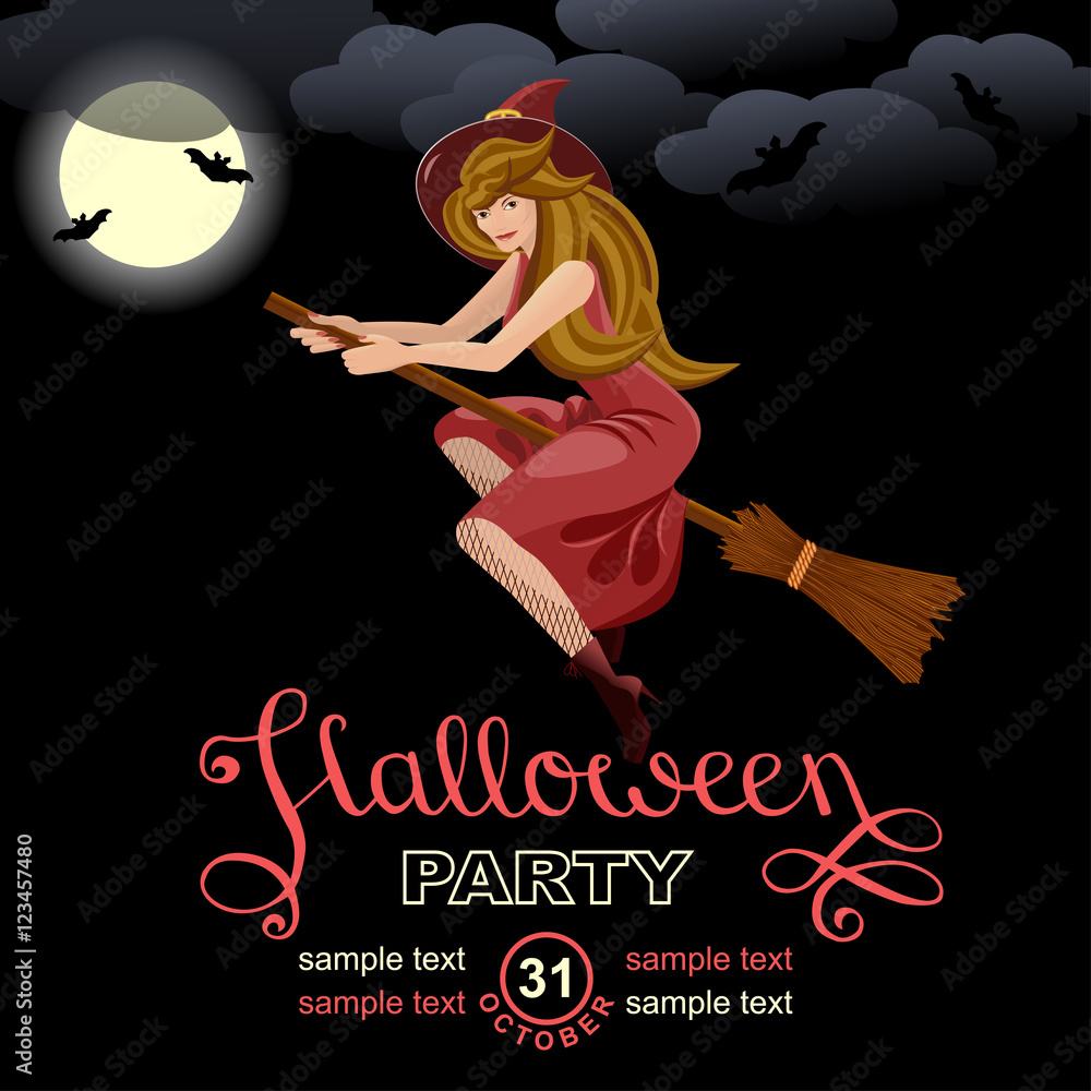 Halloween party invitation card. Design template with Witch Flying on a ...