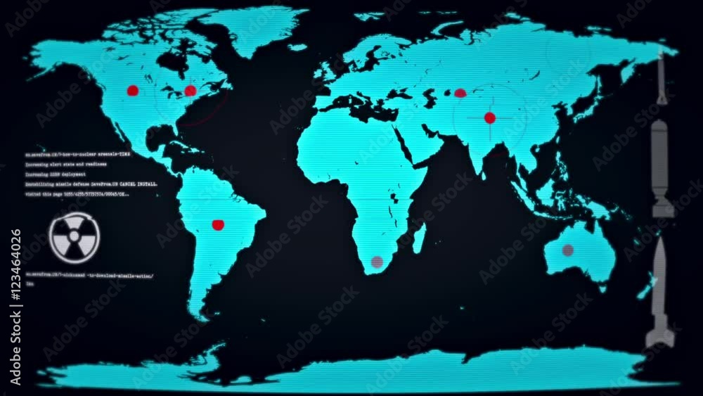 World Under Nuclear Attack According to a Map on a Computer Monitor ...