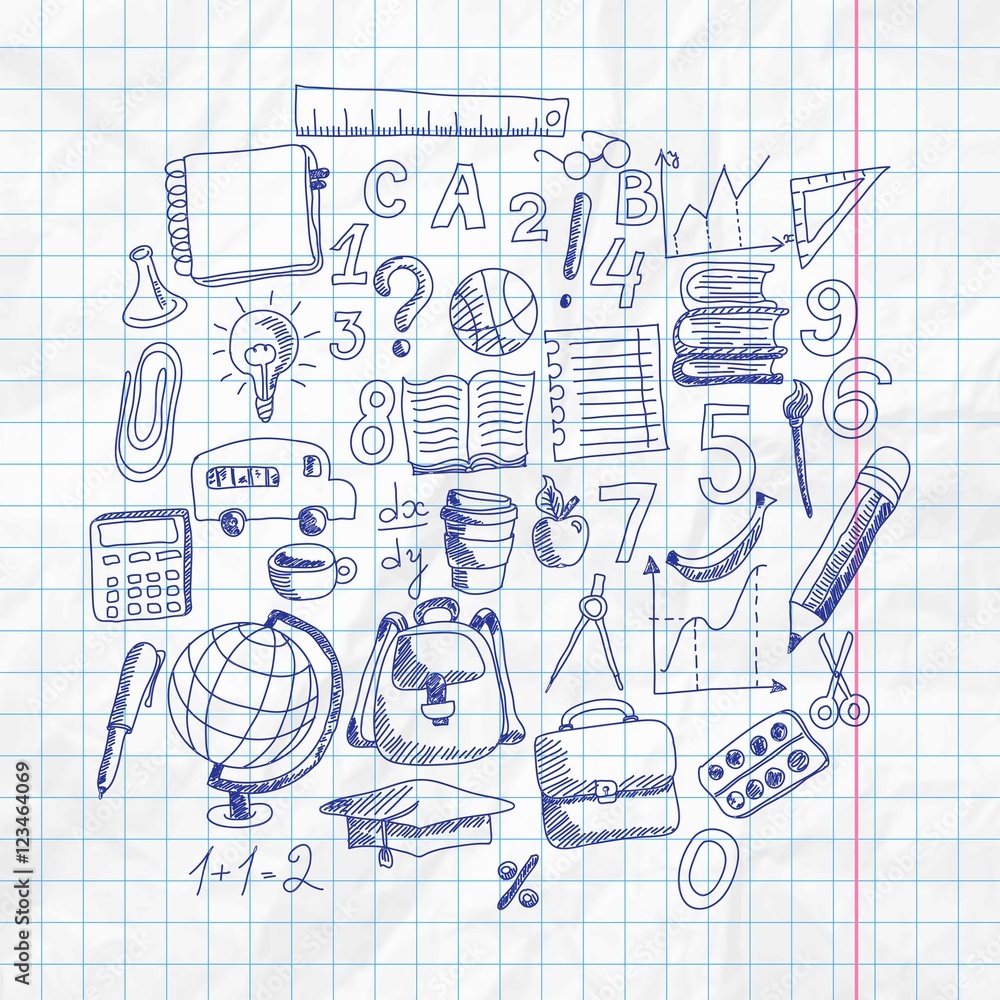 School doodle on crumpled paper background, vector illustration. Stock ...