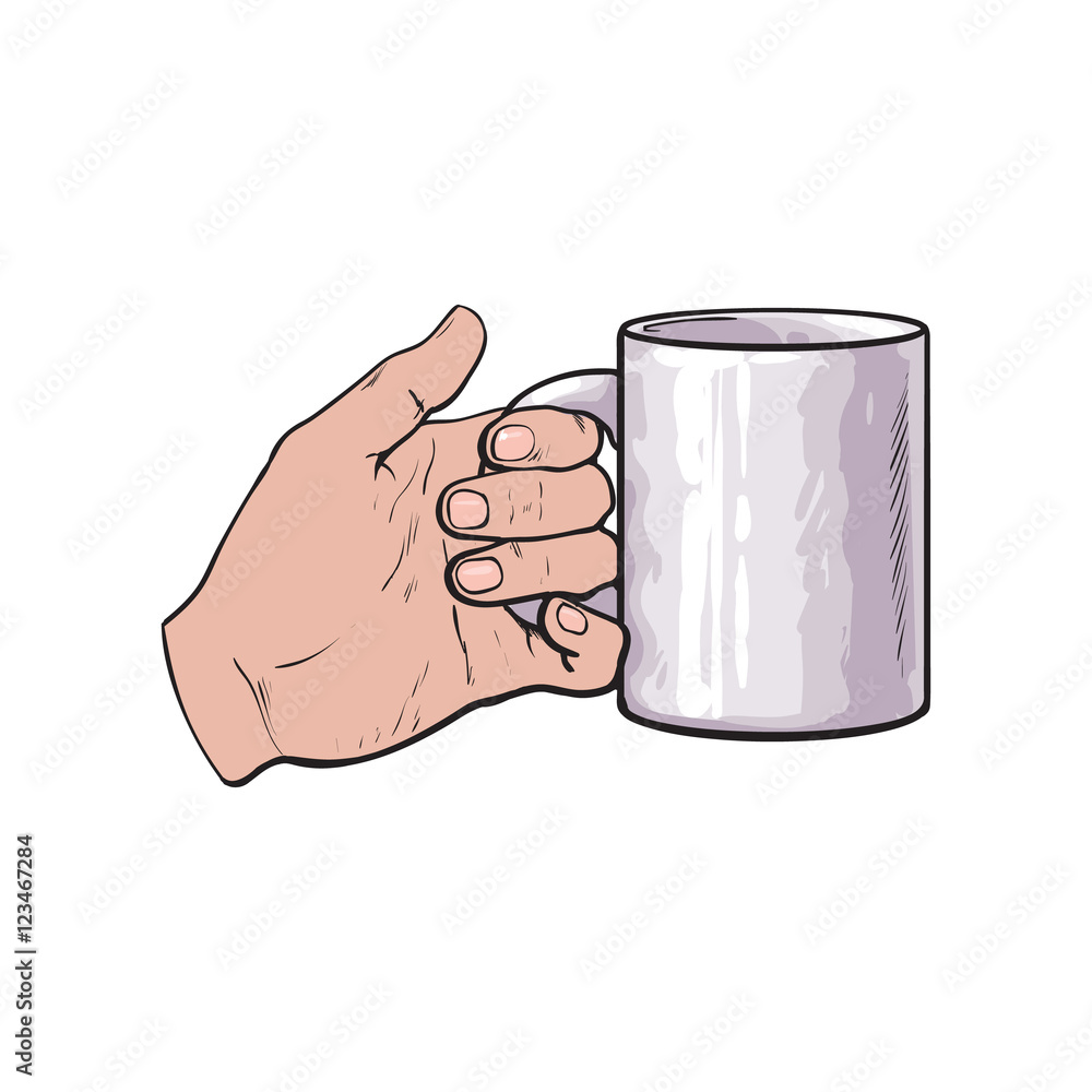 well groomed female hand holding a cup with tea or coffee, sketch style ...