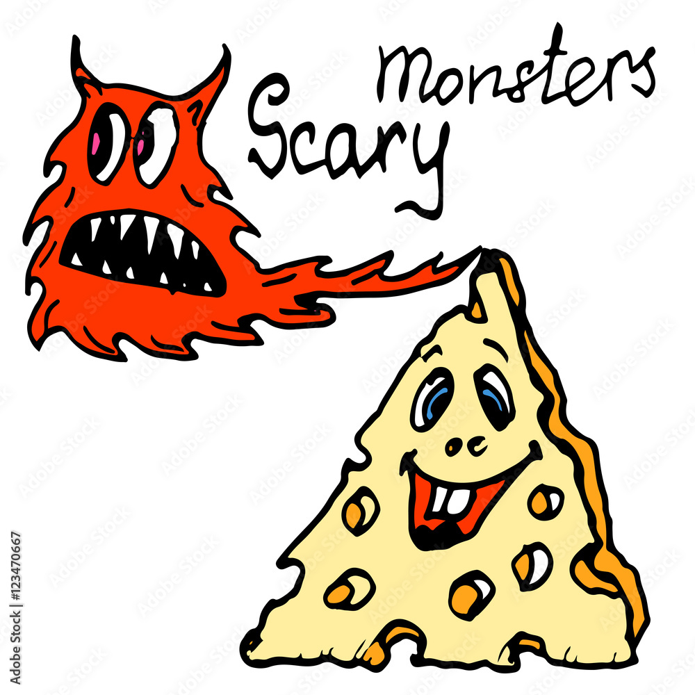 Hand drawn ink illustration. Colorful vector cartoon monsters ...