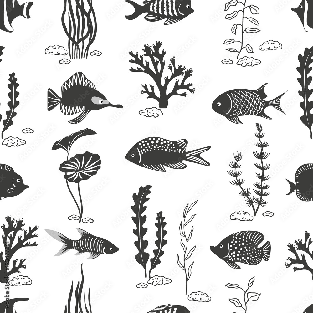 Underwater life vector background. Silhouettes of corals, seaweeds and ...
