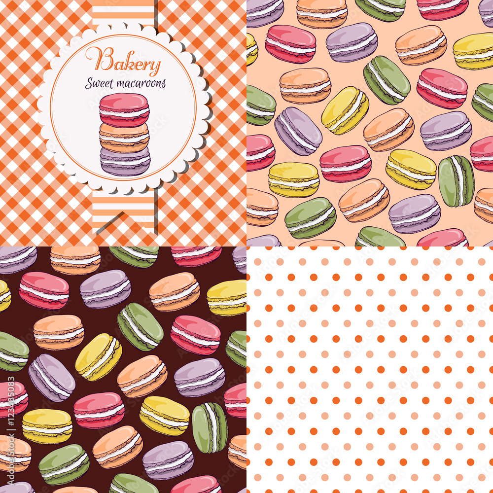 Bakery shop macaroon collection. Paper label and seamless patterns with ...