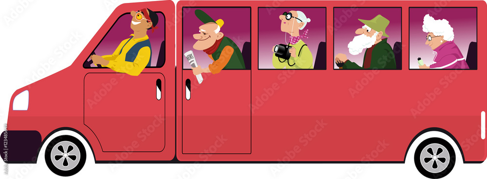 Group of active seniors riding in a van, EPS 8 vector illustration, no ...