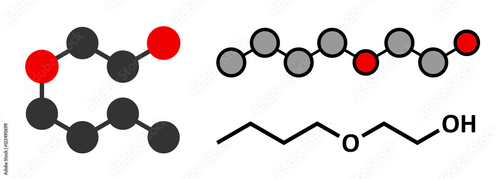 2-butoxyethanol molecule. Stylized 2D renderings and conventional ...