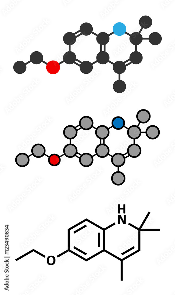 Ethoxyquin antioxidant food preservative molecule. Stylized 2D ...