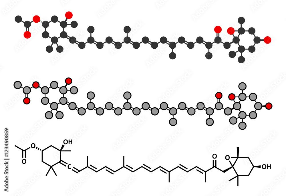 Fucoxanthin brown algae pigment molecule. Stylized 2D renderings and ...
