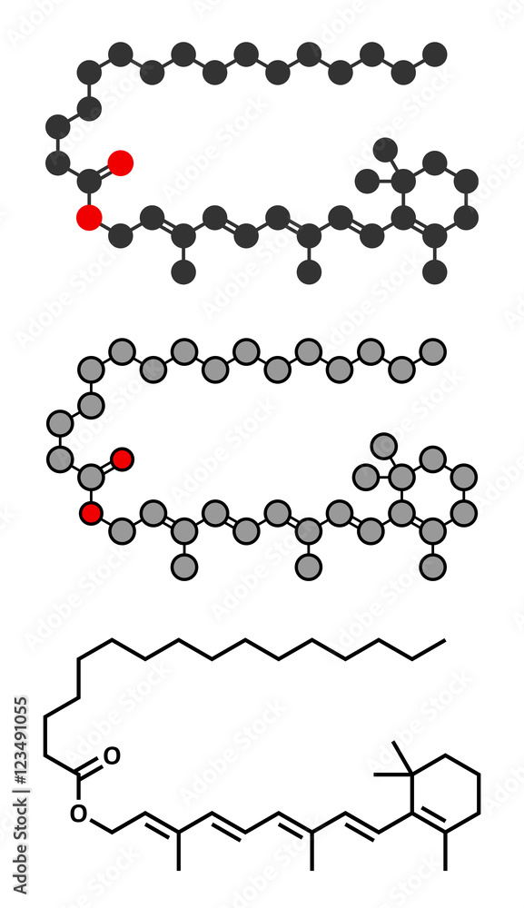 Retinyl palmitate vitamin supplement molecule. Stylized 2D renderings ...