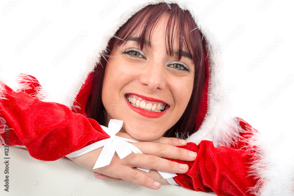 Foto De Portrait Of Beautiful Girl Wearing Santa Claus Clothes Do Stock
