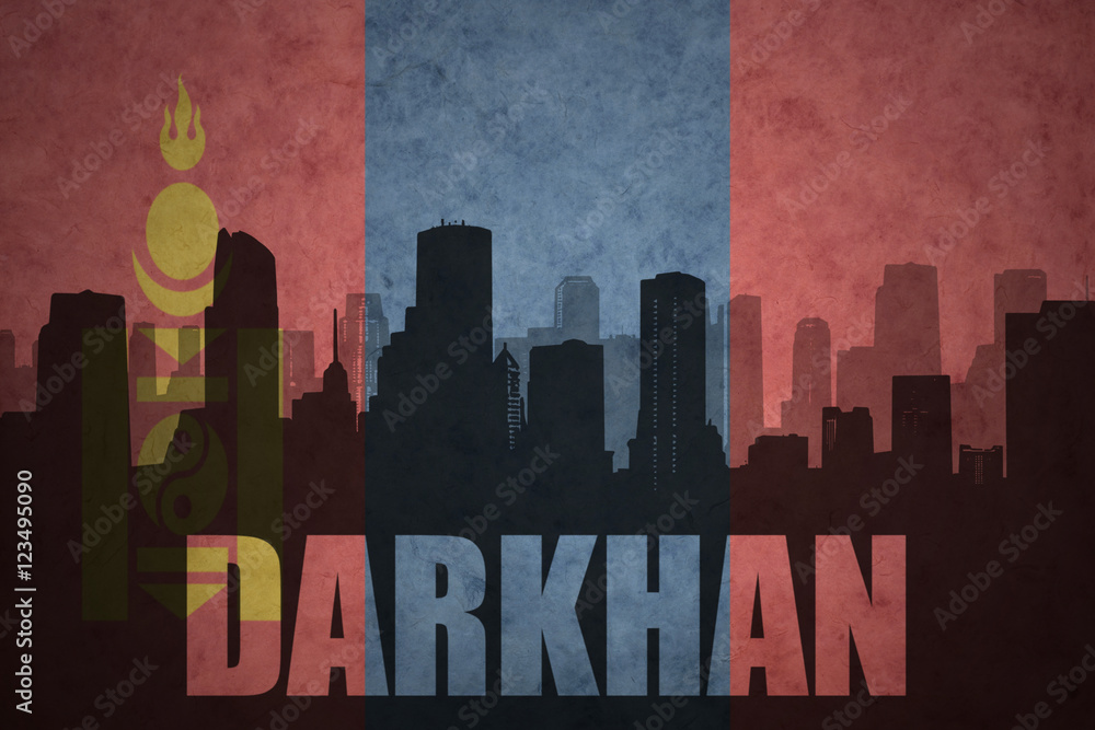 abstract silhouette of the city with text Darkhan at the vintage ...