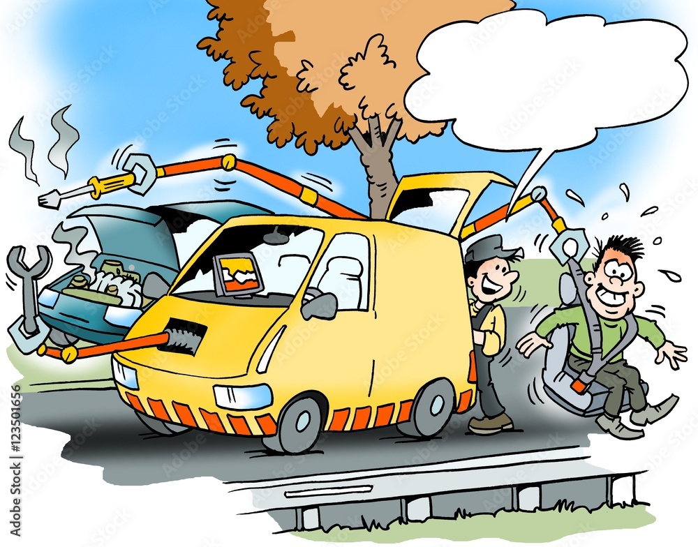 Cartoon illustration of a roadside assistance with a car that has many ...
